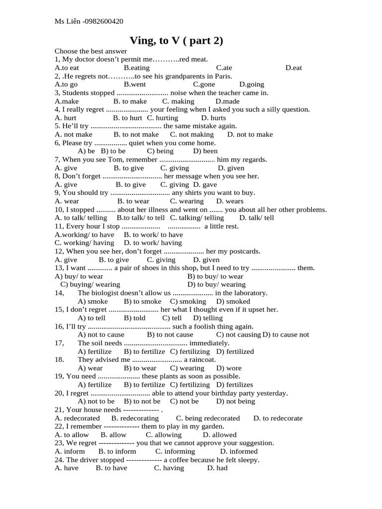 Bài tập Ving, to V phân biệt | PDF