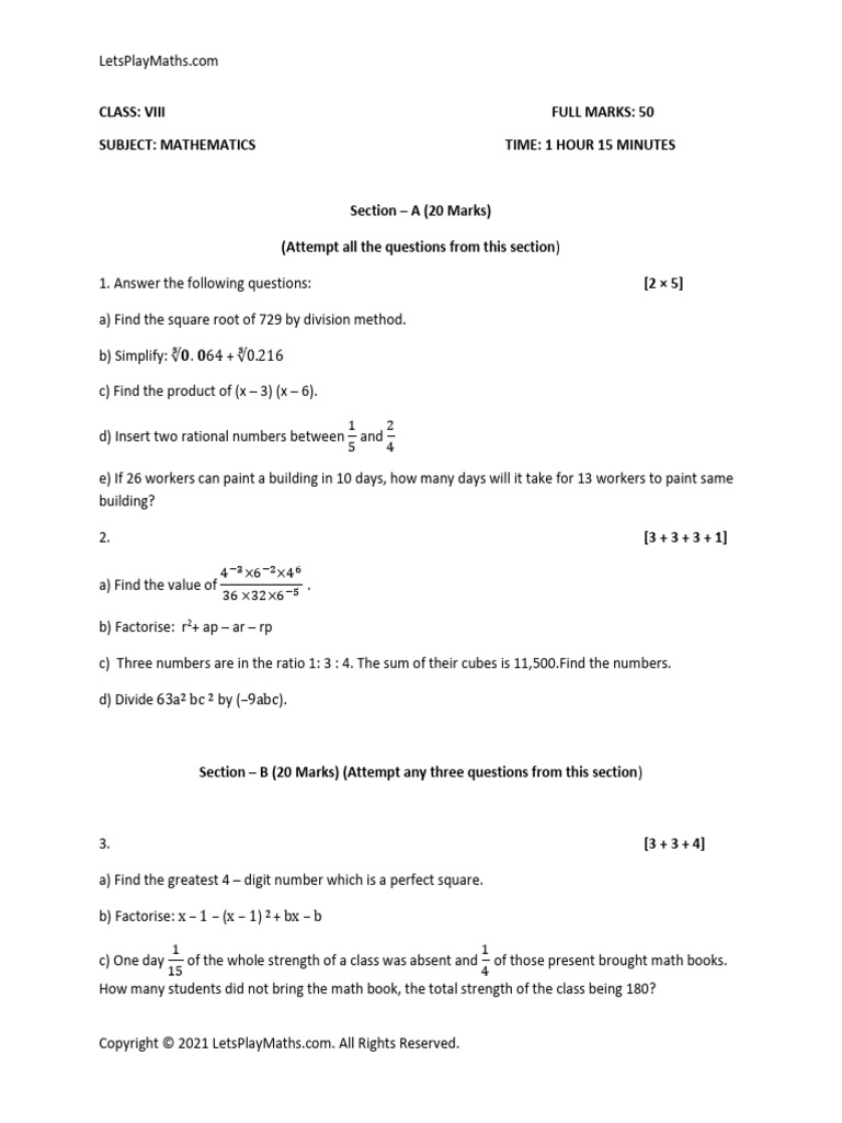 Class 8 Half Yearly Examination 1 | PDF | Numbers | Elementary Mathematics