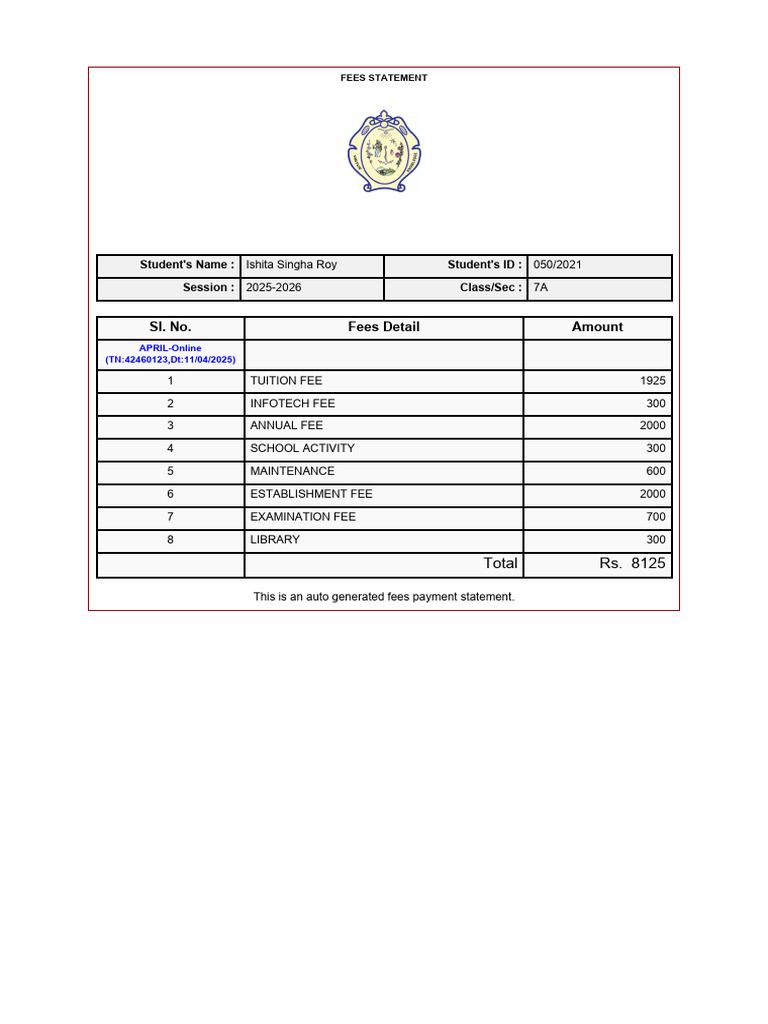 Auxilium Convent School, Kalyani, WB: Sl. No. Fees Detail Amount | PDF