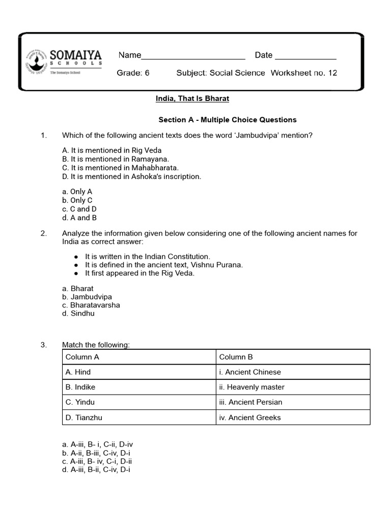 India, That Is Bharat Worksheet PDF | PDF | Hindu Literature | Indian ...