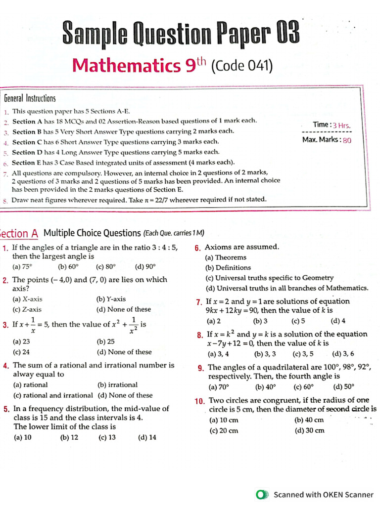Sample Paper 3 Maths | PDF