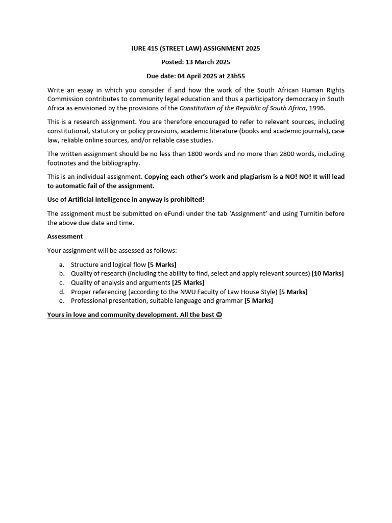 IURE 415 - STREET LAW - ASSIGNMENT 2025 - Final To Students | PDF