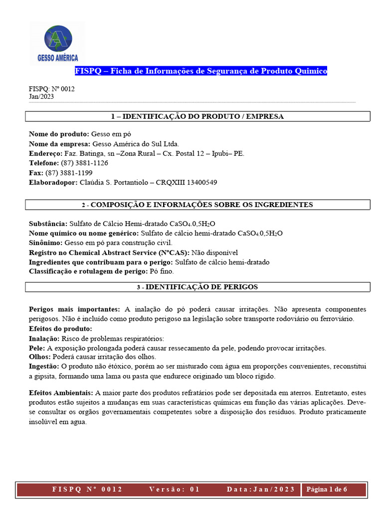 FISPQ GESSO | PDF | Primeiros socorros | Incêndios