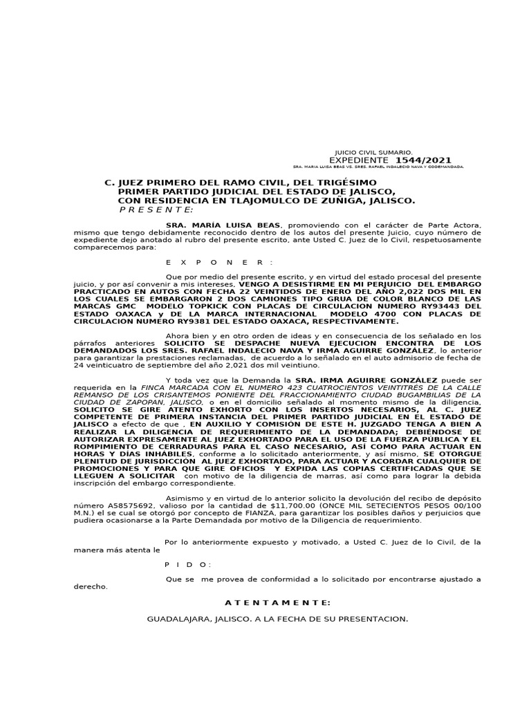 DESISTIMIENTO EMBARGO BEAS | PDF | Ley Pública | Gobierno