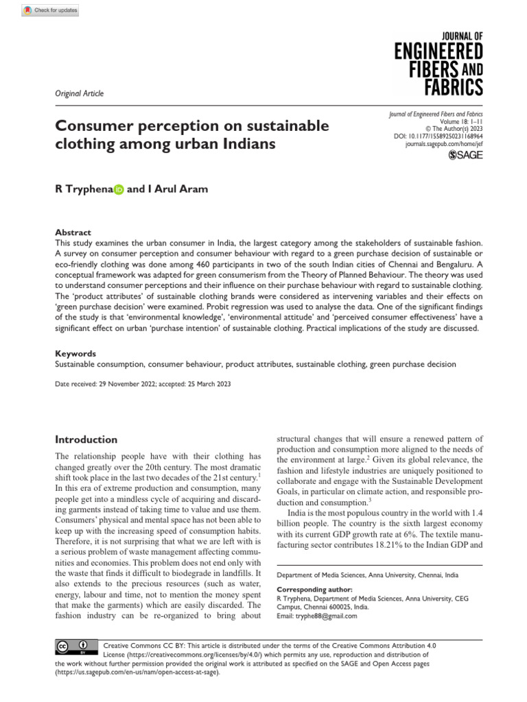 Tryphena Aram 2023 Consumer Perception On Sustainable Clothing Among Urban Indians | PDF ...