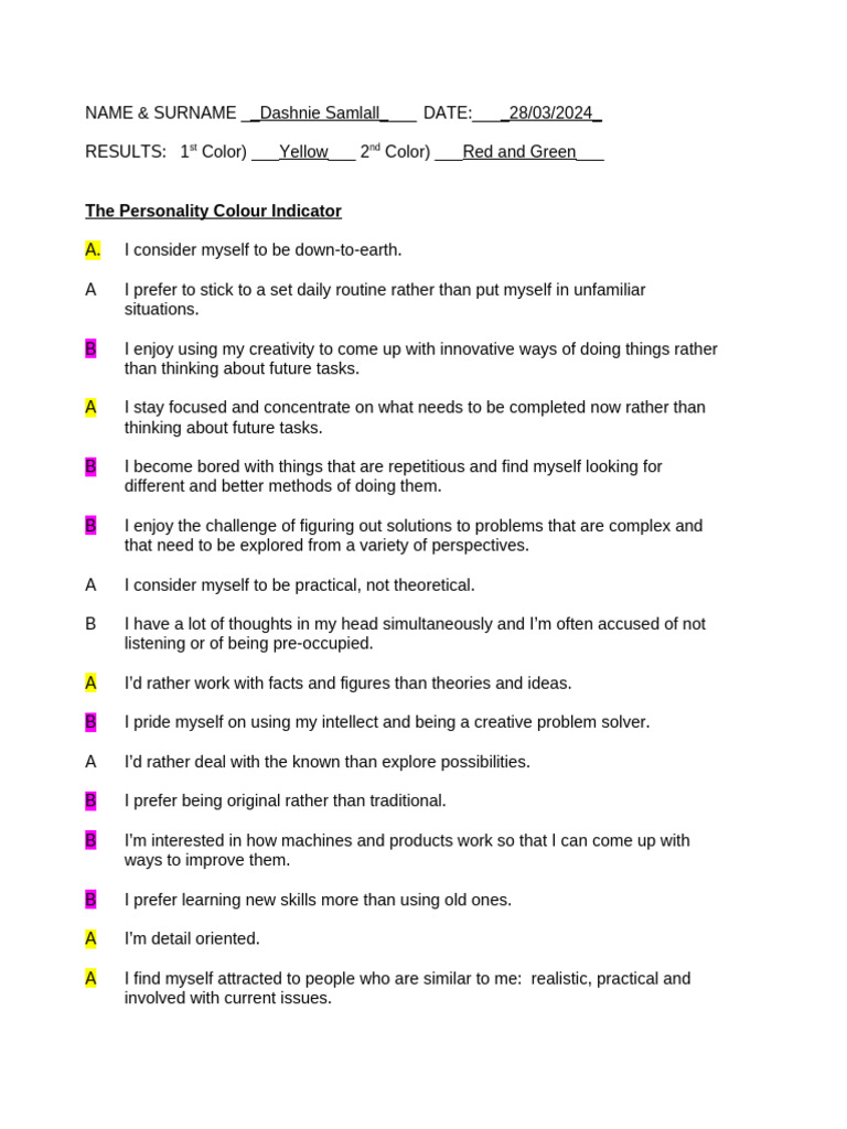 The Personality Colour Indicator: ST ND | PDF | Feeling | Thought
