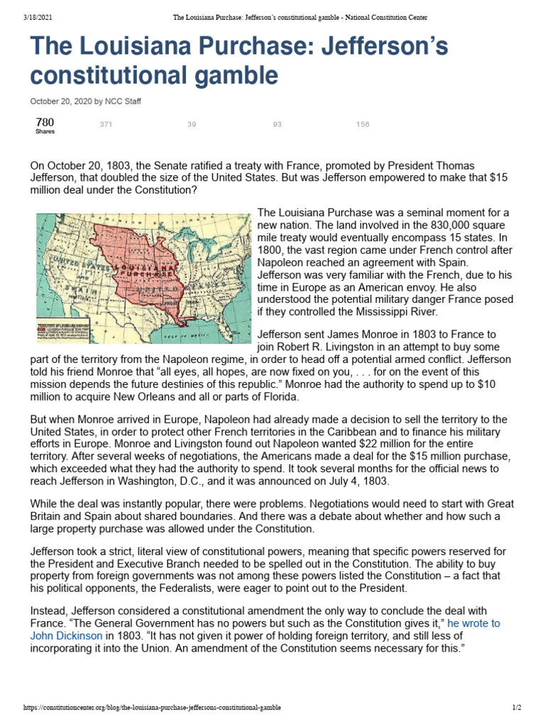The Louisiana Purchase - Jefferson's Constitutional Gamble - National ...