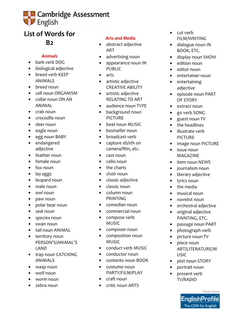 B2 Vocabulary List: Animals, Arts, Health | PDF | Adjective | Verb