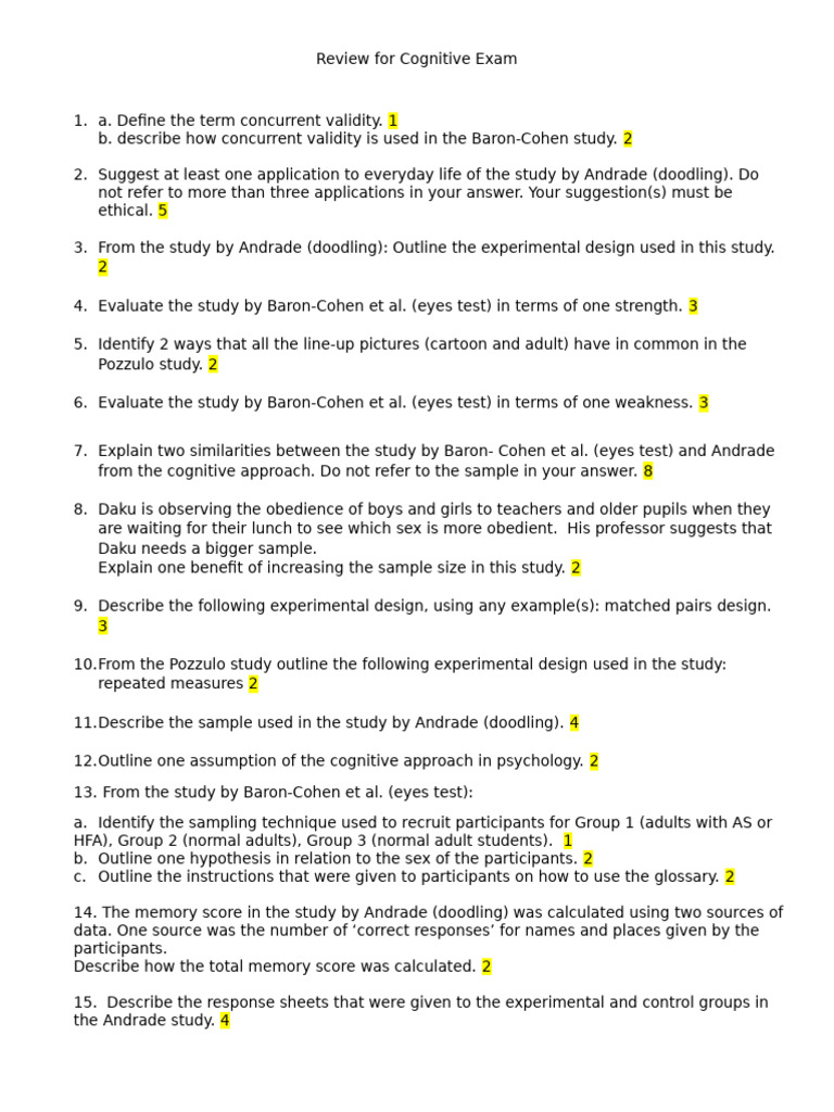 Review For Cognitive Exam 202425 | PDF | Validity (Statistics) | Cognition