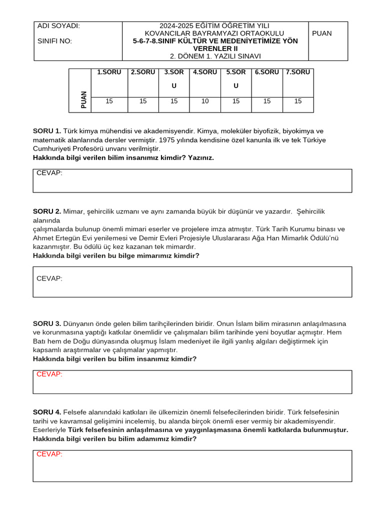 2024 2025-5-6 7 8. Sinif Kultur Ve Medeniyetimize Yon Verenler II 2. Donem 1. Yazili | PDF