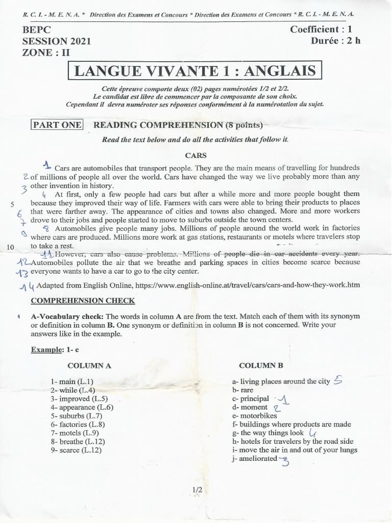 Epreuve Bepc 2021 Lv1 Anglais Zone-2 Cote D'ivoire | PDF