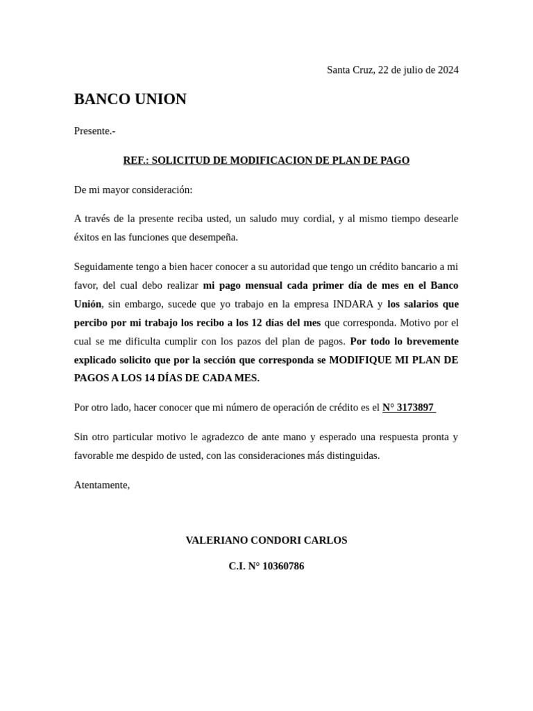 Solicitud de Modificacion de Plan de Pagos | PDF