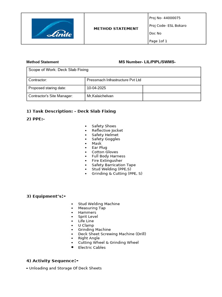 Deck Sheet Installation Method Statement | PDF | Welding | Construction