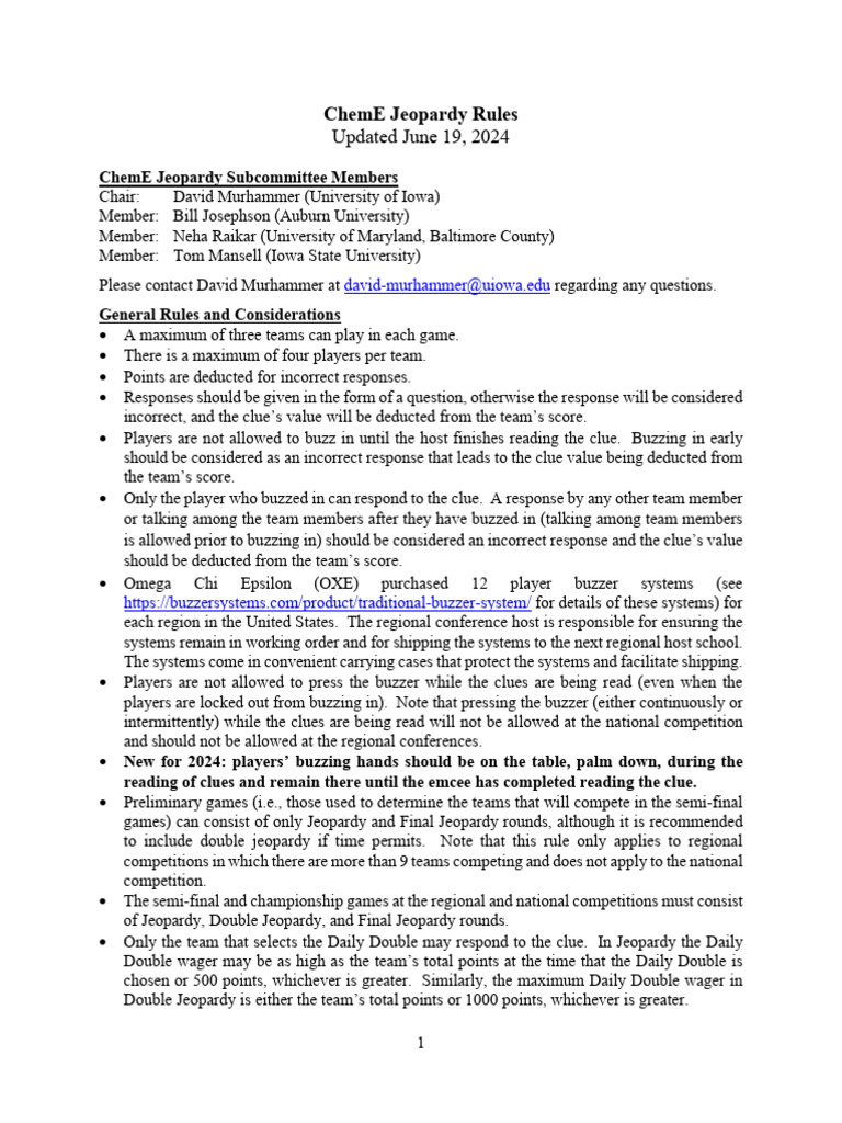 Cheme Jeopardy Rules and Instructions 6.19.2024 | PDF | Chemistry | Heat