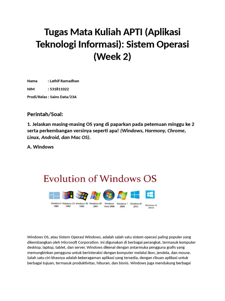 Tugas Mata Kuliah APTI (Aplikasi Teknologi Informasi) Sistem Operasi (Week 2) | PDF