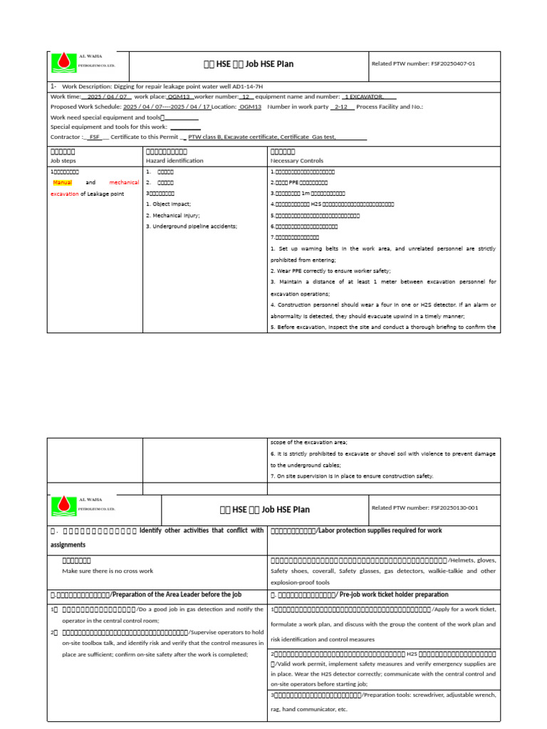 Excavation Safety and HSE Plan | PDF | Occupational Safety And Health ...