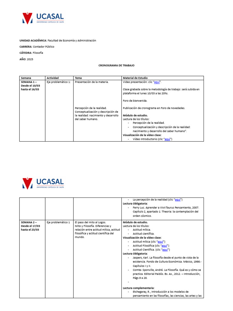 CronogramaDistancia - Filosofía - Contador - 2025 | PDF | Conocimiento ...