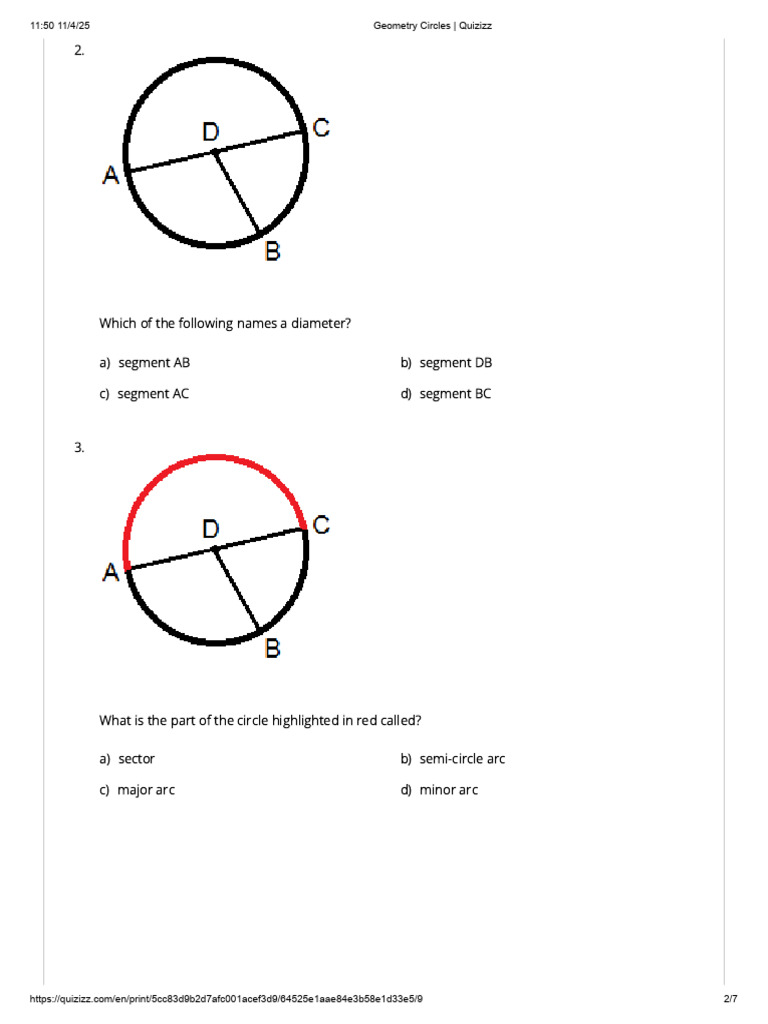 Geometry Circles Quiz Questions | PDF | Circle | Classical Geometry