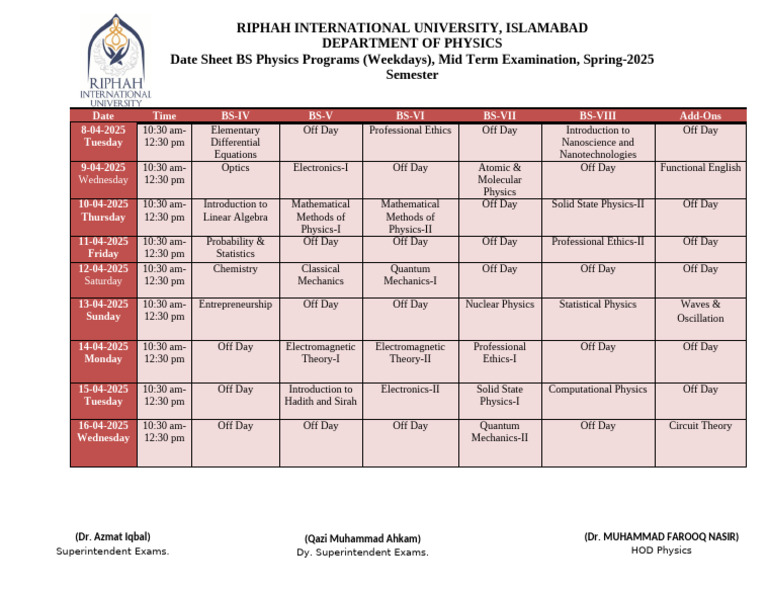 Revised Midterm Date Sheet Sp-2025 - (1) - 1-1 | PDF | Physics | Electromagnetism