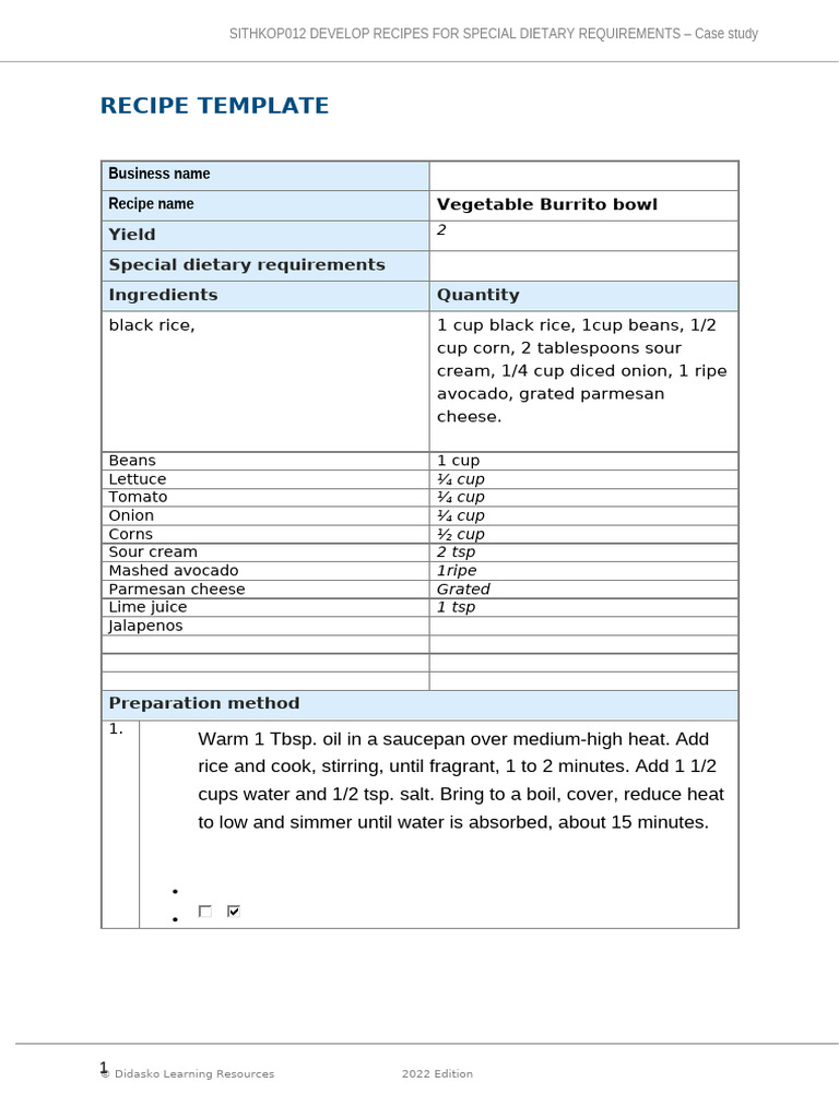 Assessment - C - Recipe - Template V1-0 | PDF | Burrito | Tablespoon