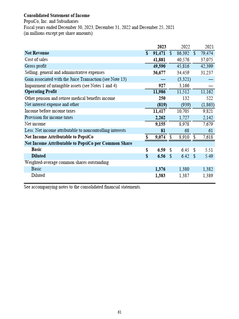 PepsiCo 2023 Financial Overview | PDF | Equity (Finance) | Net Income