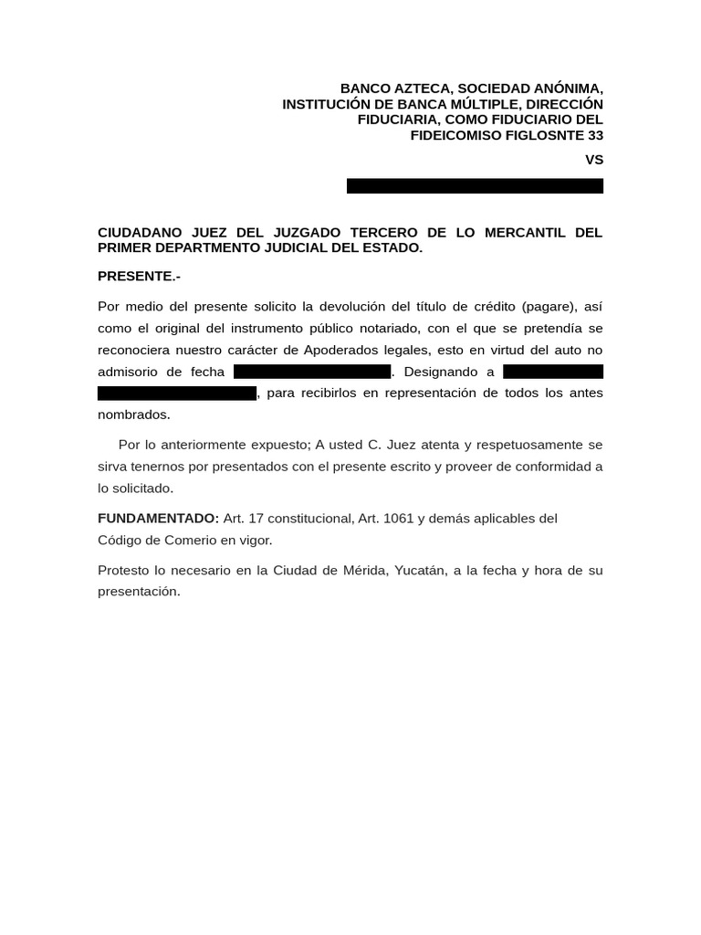 Escrito Devolucion de Pagare | PDF