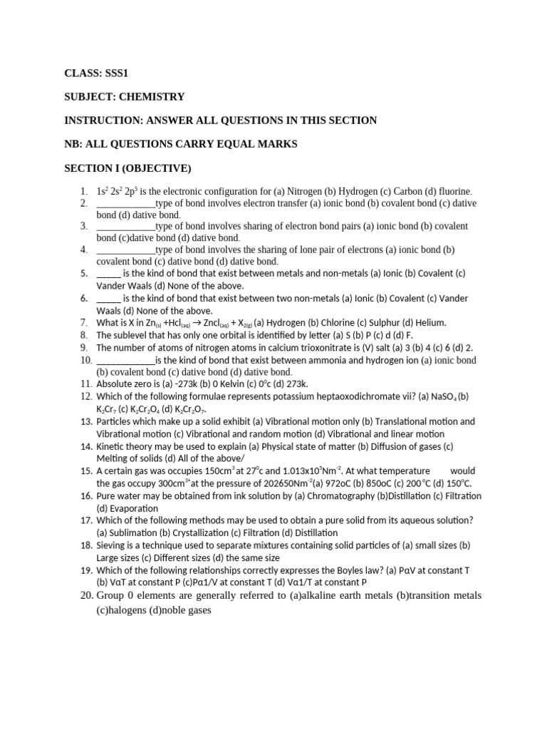 SSS1 Chemistry Exam Questions | PDF | Chemical Bond | Gases