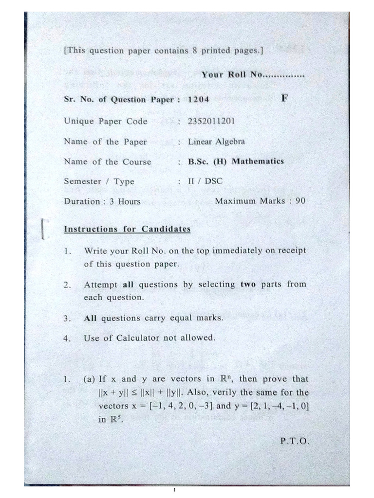 Linear Algebra Question Paper (2022-23) | PDF