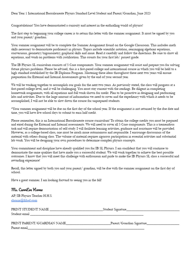 IB Year 1 Introduction Letter | PDF | Equations | Curriculum