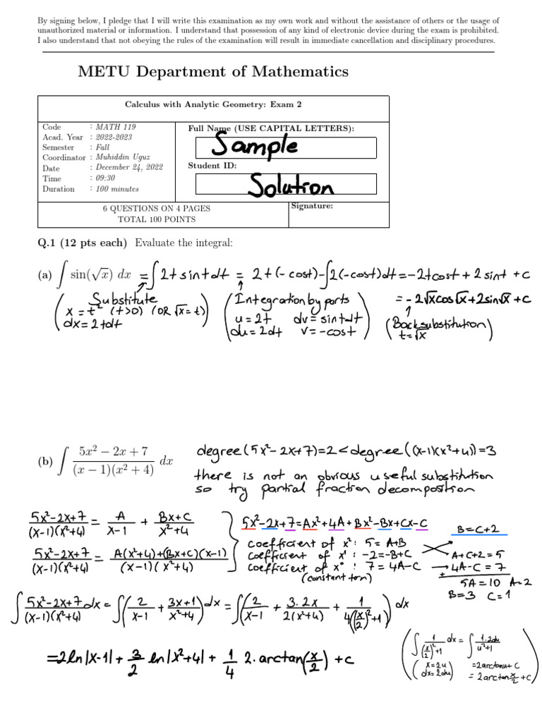 MATH 119 2022-1 Midterm II Sample Solutions | PDF | Geometry | Analytic Geometry