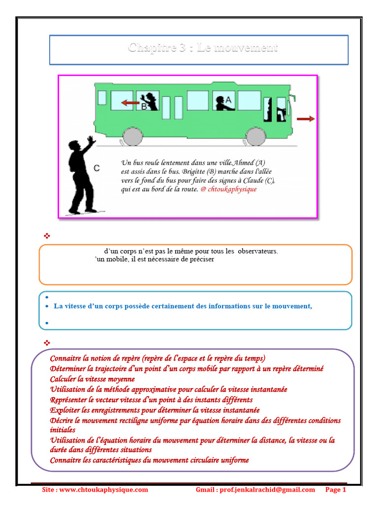 Chapitre 3, Le Mouvement, Cours, Activités, Exercices D'application ...