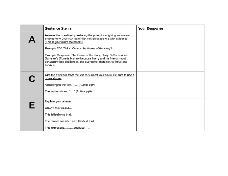 TDA Sentence Stems for Text Evidence | PDF