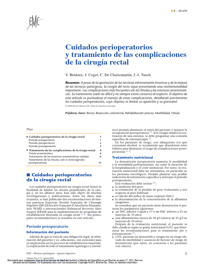 Cuidados Perioperatorios y Tratamiento de Las Complicaciones de La ...