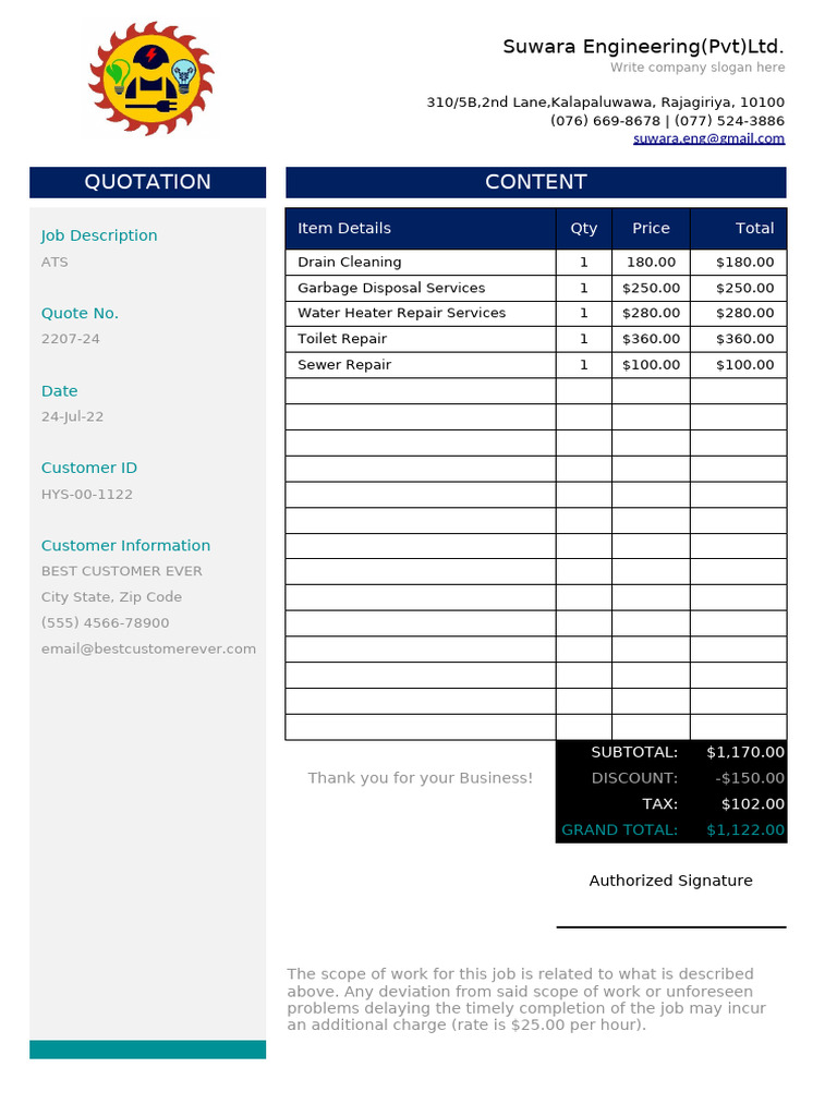 Plumber Quote Template - TemplateLab.com | PDF