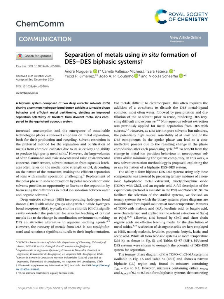 Separation of Metals Using in Situ Formation of DES-DES Biphasic ...