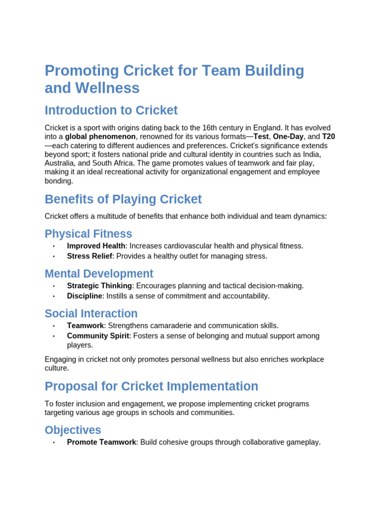 Promoting Cricket For Team Building and Wellness | PDF