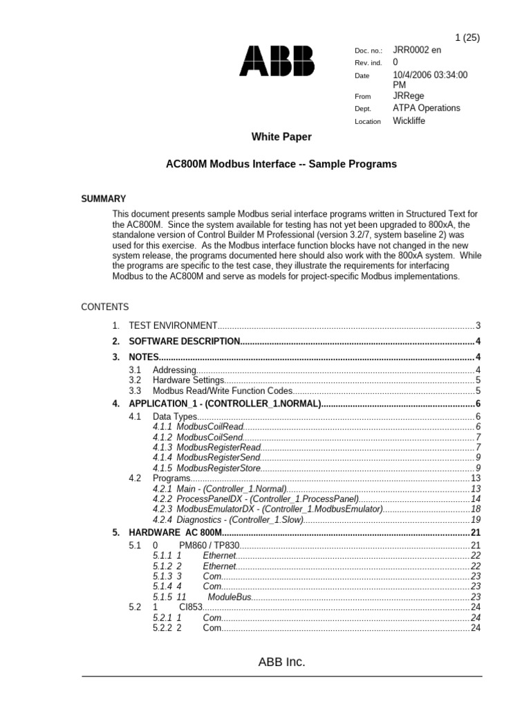 AC800M Modbus Interface White Paper | PDF | Boolean Data Type | Programming
