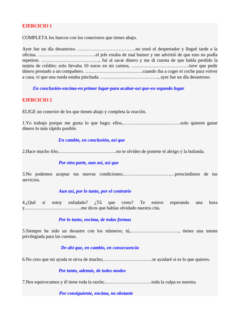 Ejercicios de Conectores Textuales | PDF
