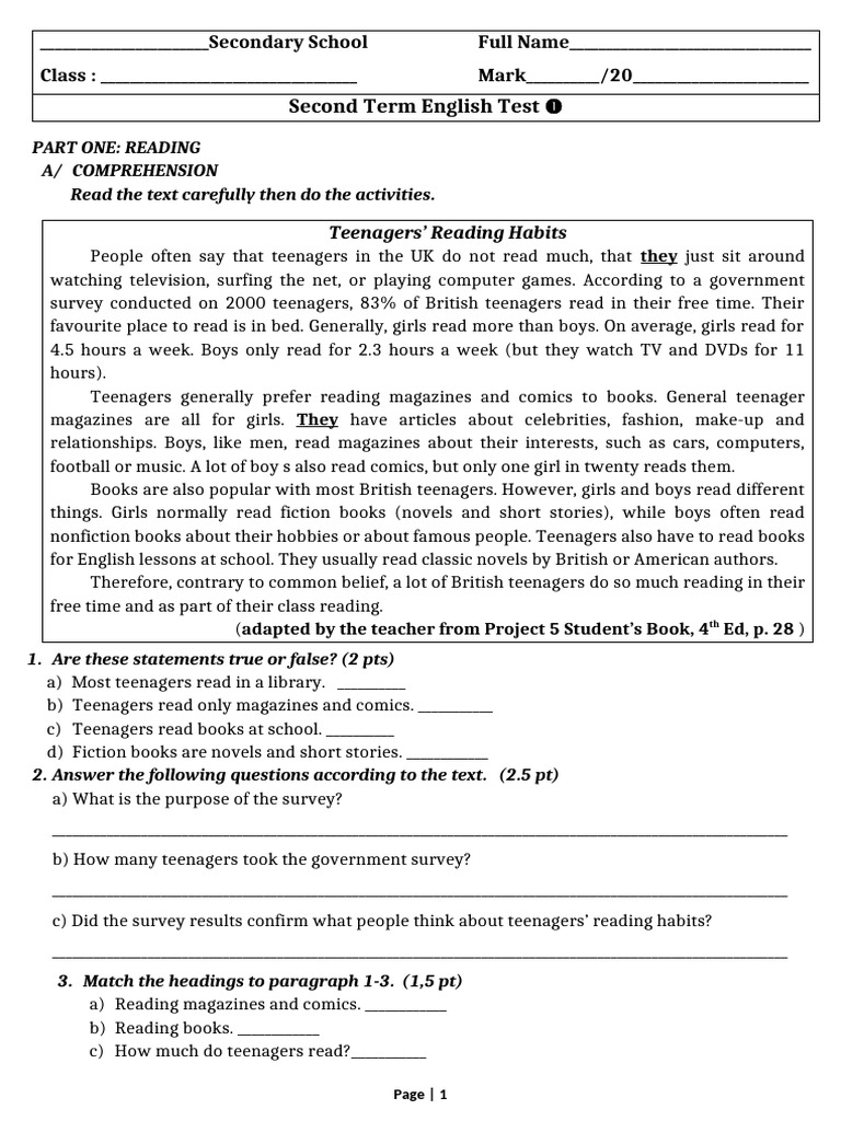 Year One - Second Term First Test - 2020 - Teenagers Reading Habits ...