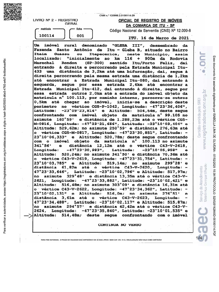 Mat 100.114 do 1º RGI de Itu | PDF