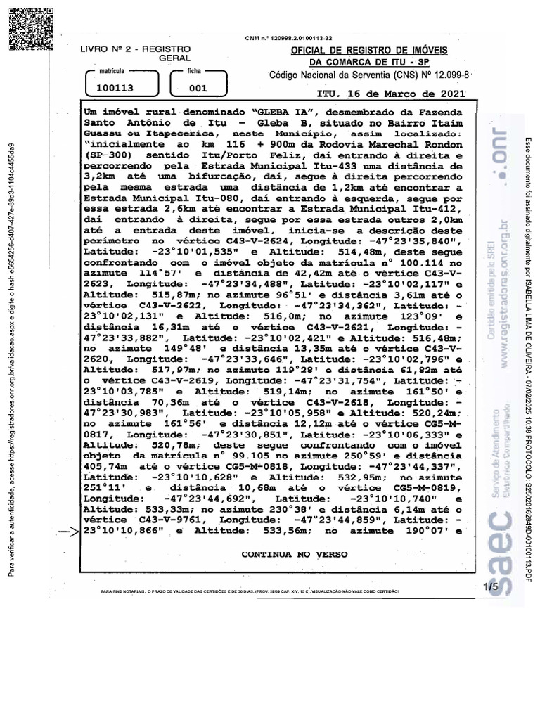 Mat 100.113 Do 1º RGI de Itu | PDF