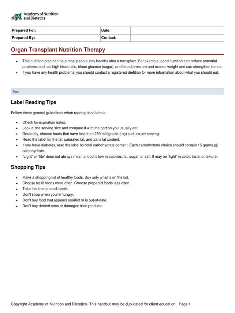 Organ Transplant Nutrition Therapy | PDF | Foods | Cooking
