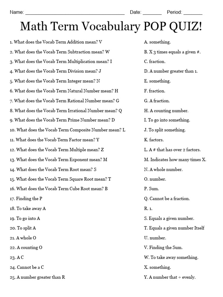 Math Term Vocabulary POP QUIZ!: Name: - Date: - Period | PDF