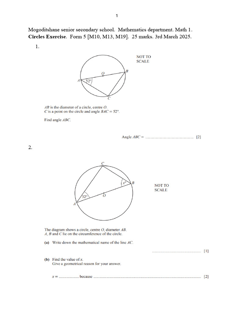 Circles - Maths 1 - Exercise. - 2025 | PDF