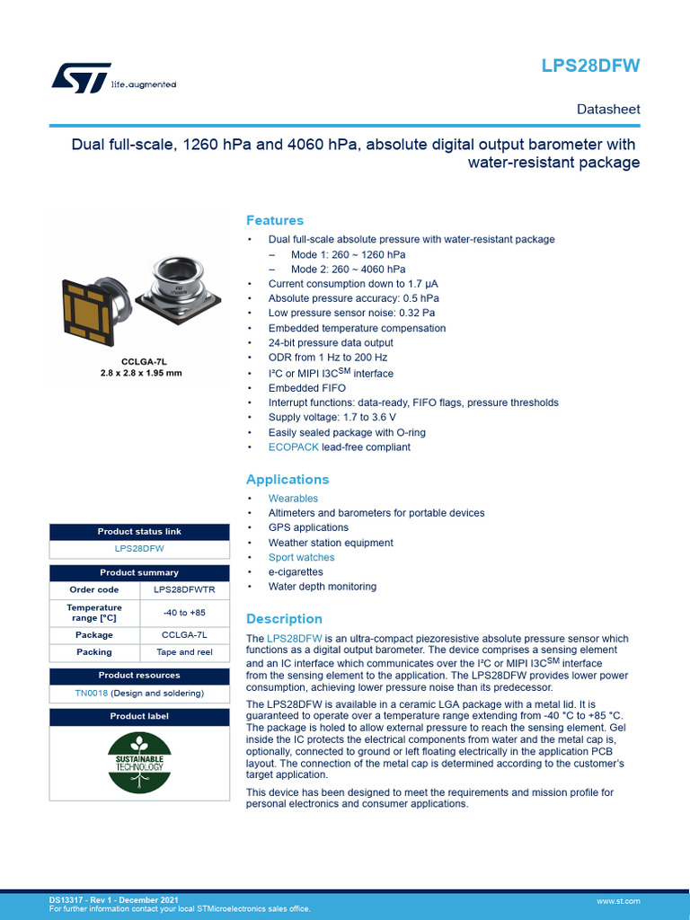 lps28dfw-2887780 | PDF | Pressure Measurement | Electrical Engineering