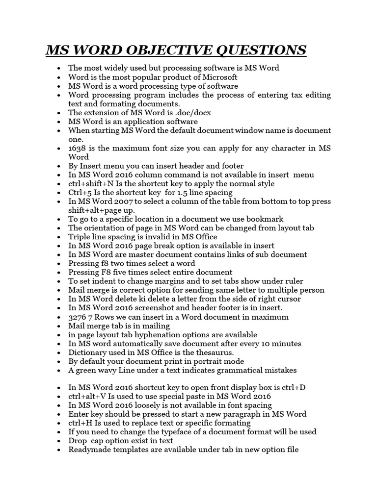MS WORD OBJECTIVE QUESTIONS | PDF | Microsoft Word | Microsoft Power Point