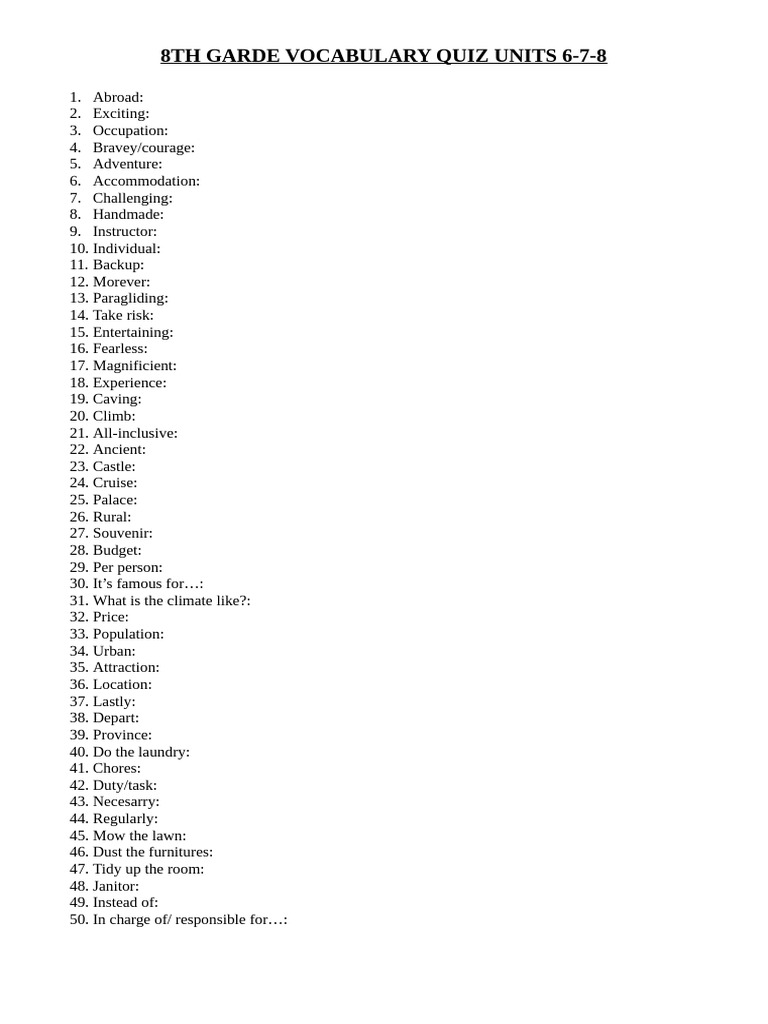 8th Garde Vocabulary Quiz Units 6 | PDF