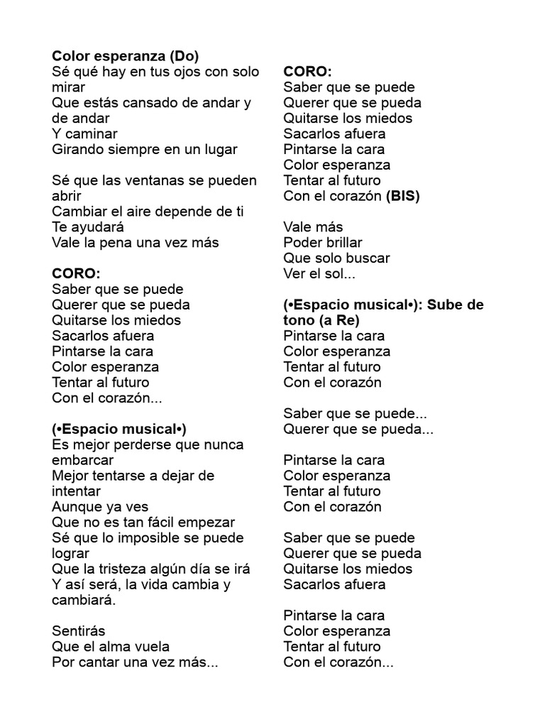 Letra de "Color Esperanza" para Imprimir | PDF