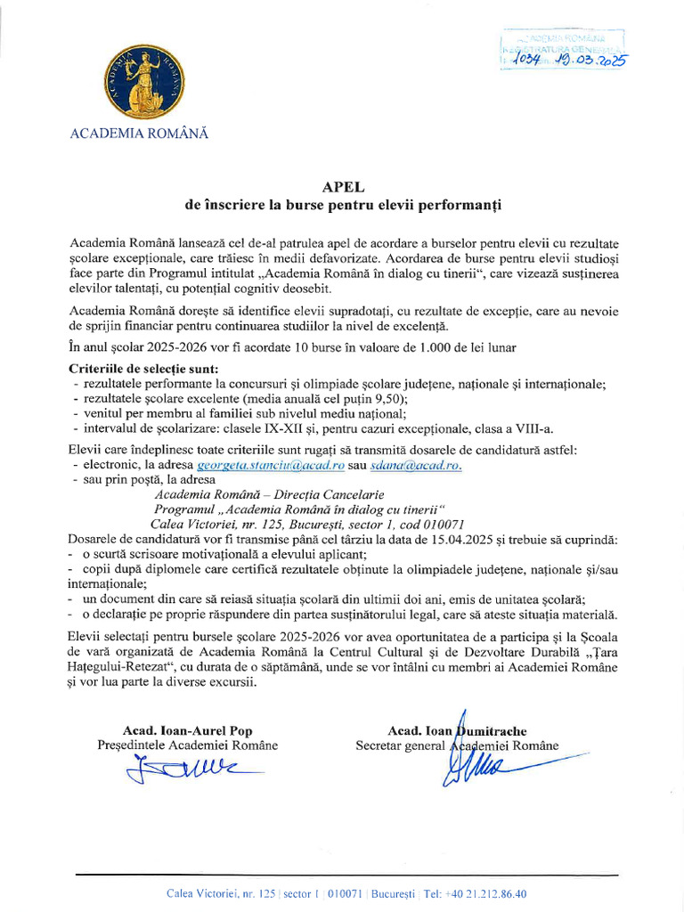 Academia Romana - APEL de Înscriere Burse 2025 | PDF