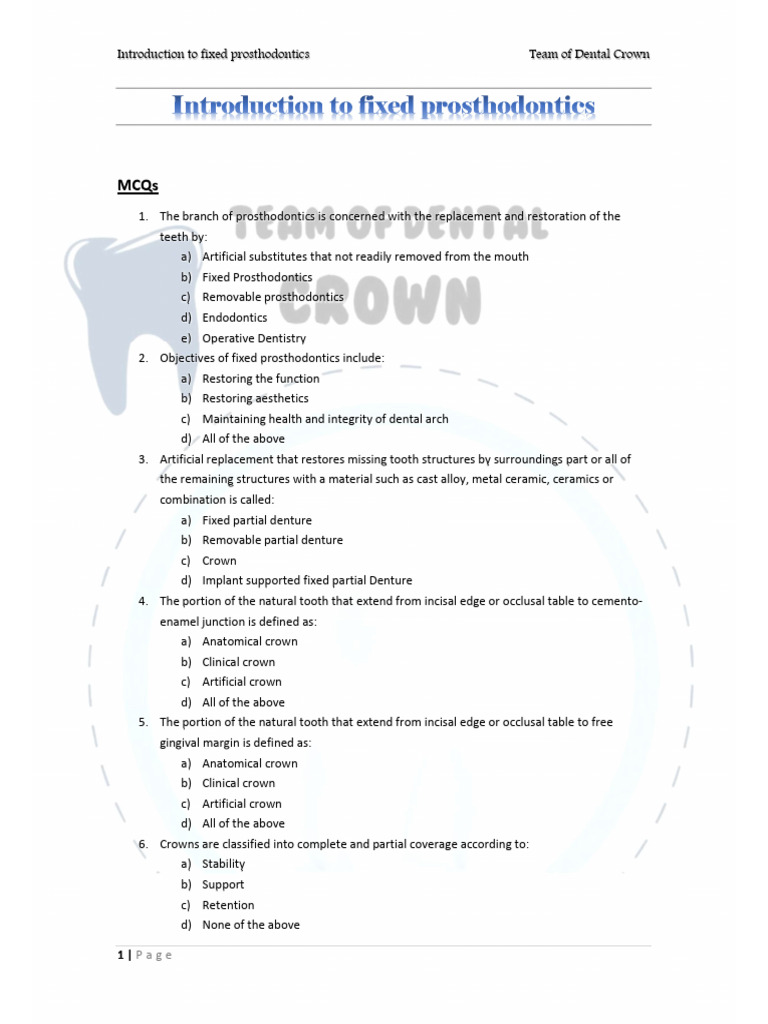 Crown Team - Introduction To Fixed Prosthodontics | PDF | Dentures | Dental Implant